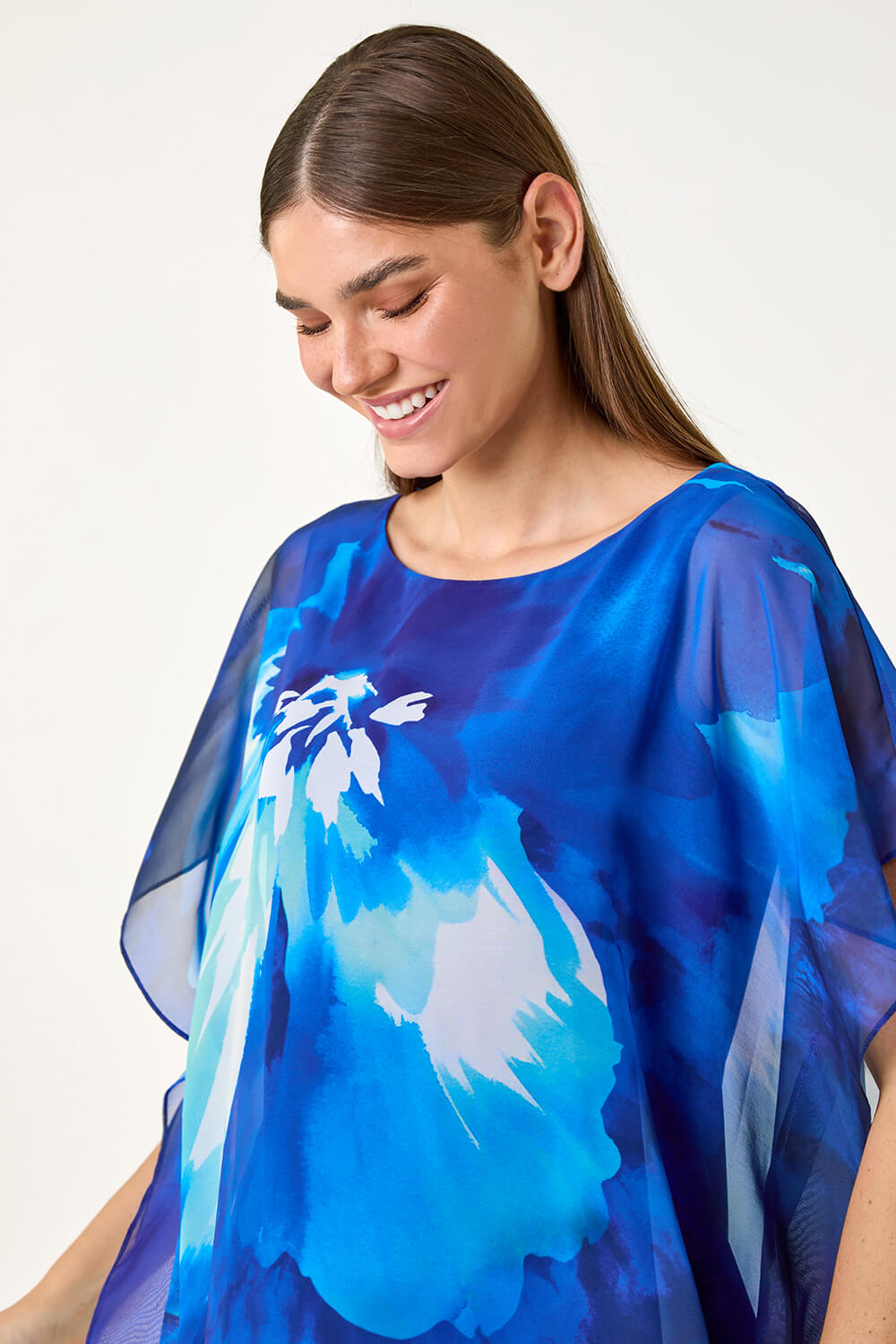 Blue Floral Print Chiffon Overlay Top | Roman UK