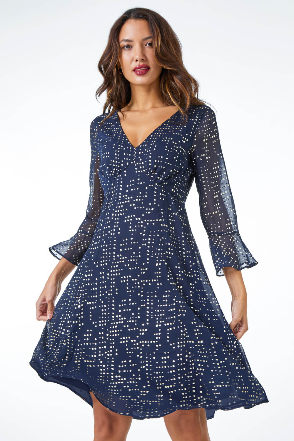 Foil Spot Flared Sleeve Dress in Navy - Roman Originals UK