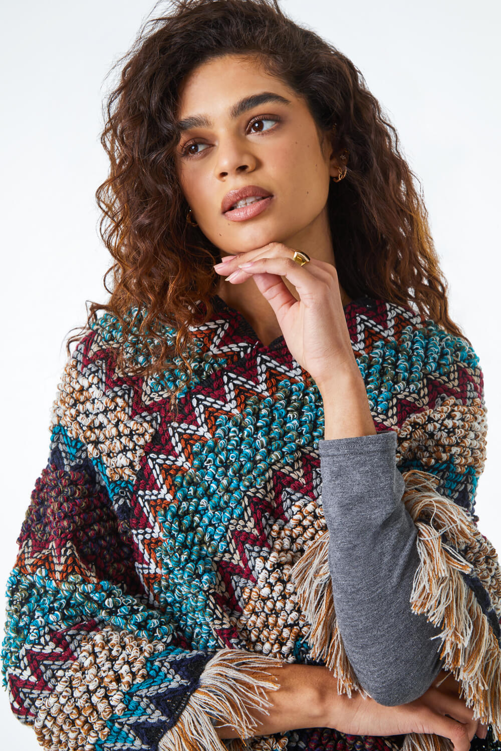Boucle Tasseled Poncho in Multi - Roman Originals UK