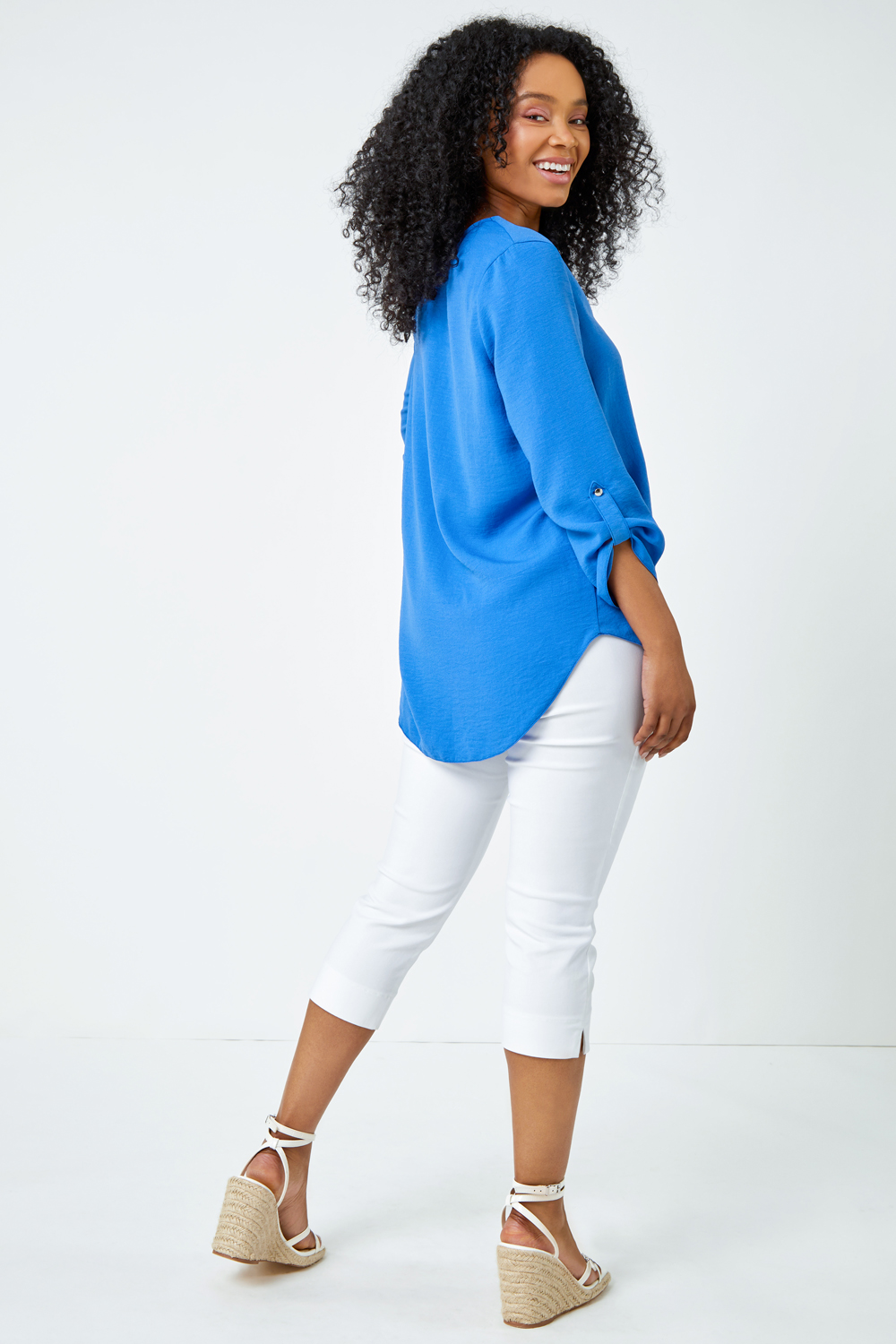 Petite Pleat Front Plain Top in Blue - Roman Originals UK