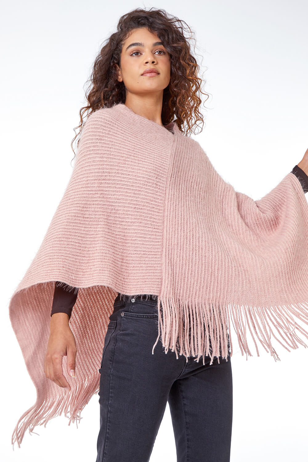 Fluffy Ribbed Poncho in Light Pink - Roman Originals UK