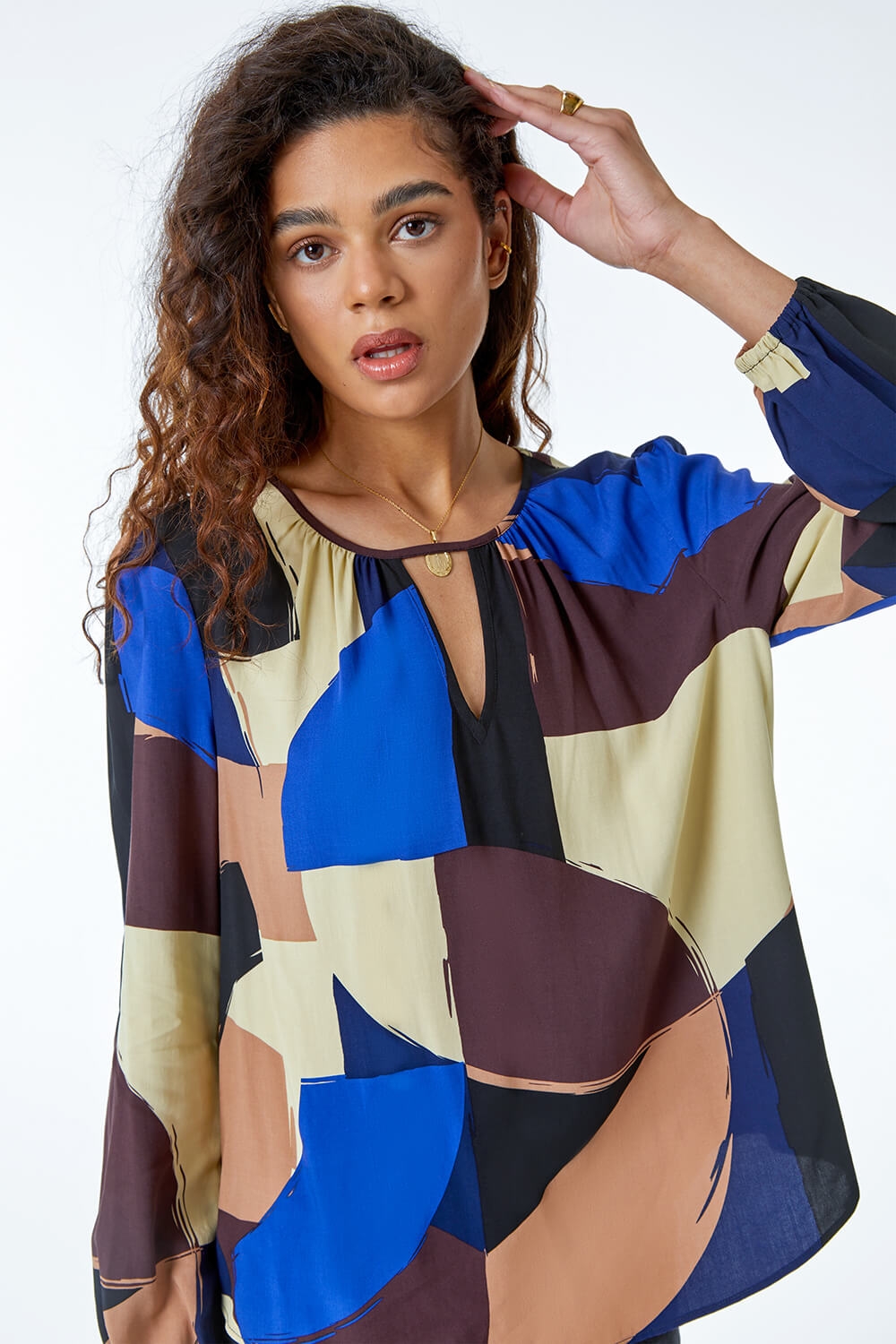Keyhole Abstract Print Top in Camel - Roman Originals UK