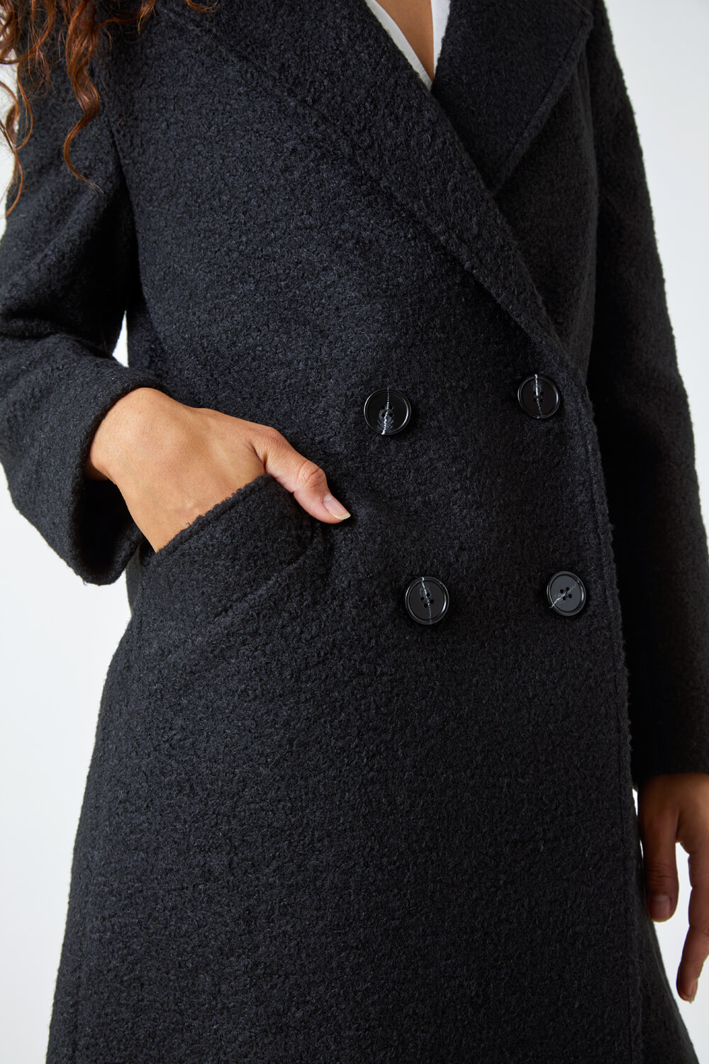 Black Relaxed Double Breasted Boucle Coat | Roman UK