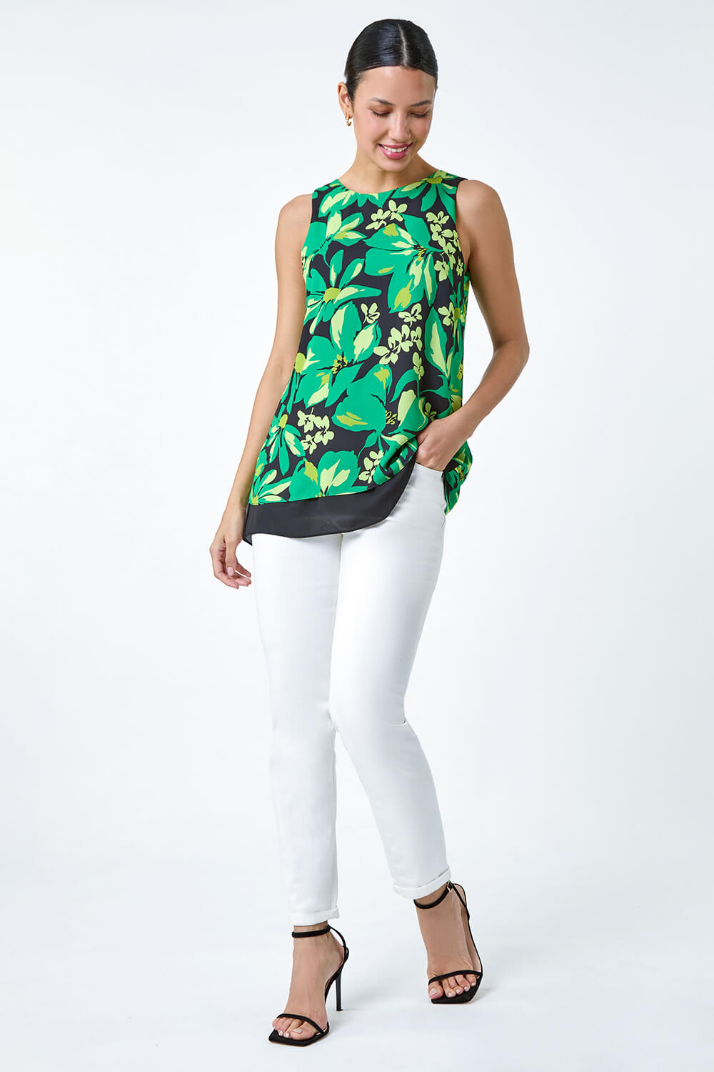 Green Floral Print Double Layer Vest Top | Roman UK