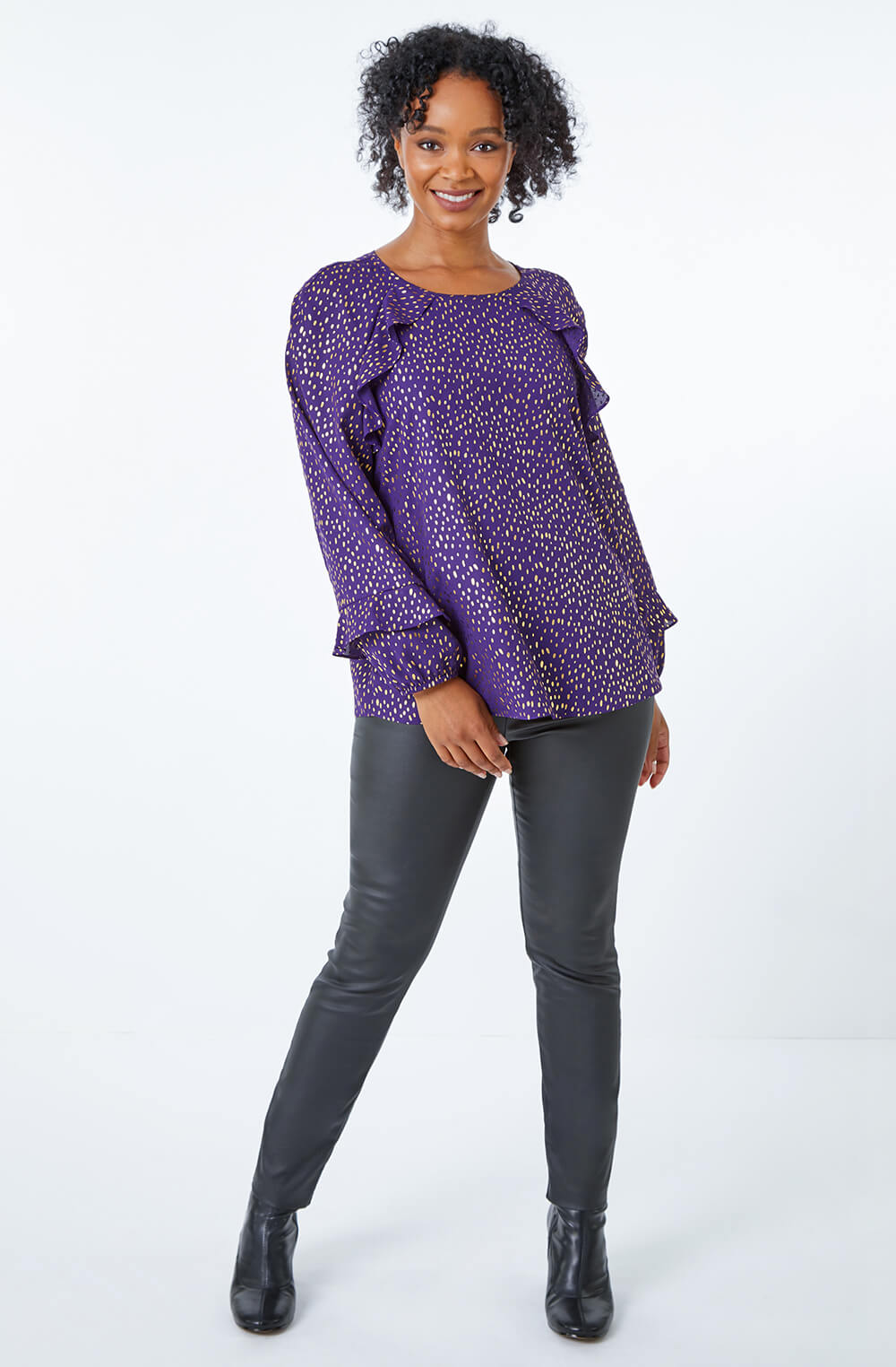 Petite Metallic Spot Frill Top in Purple - Roman Originals UK