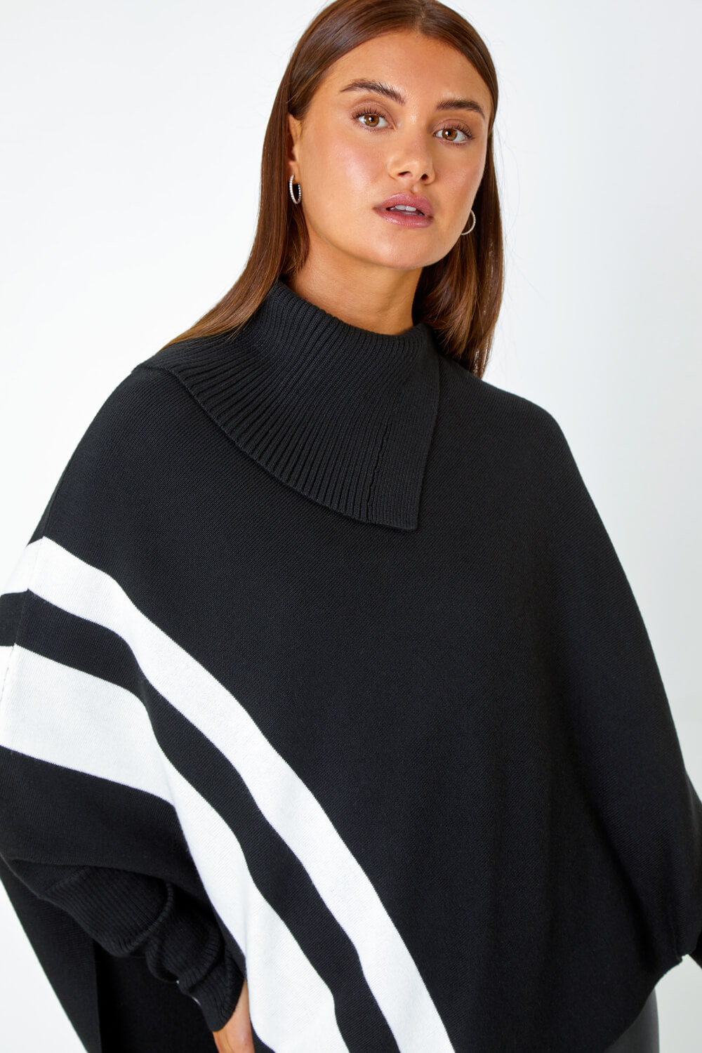 Black Roll Neck Wool Blend Stripe Poncho | Roman UK