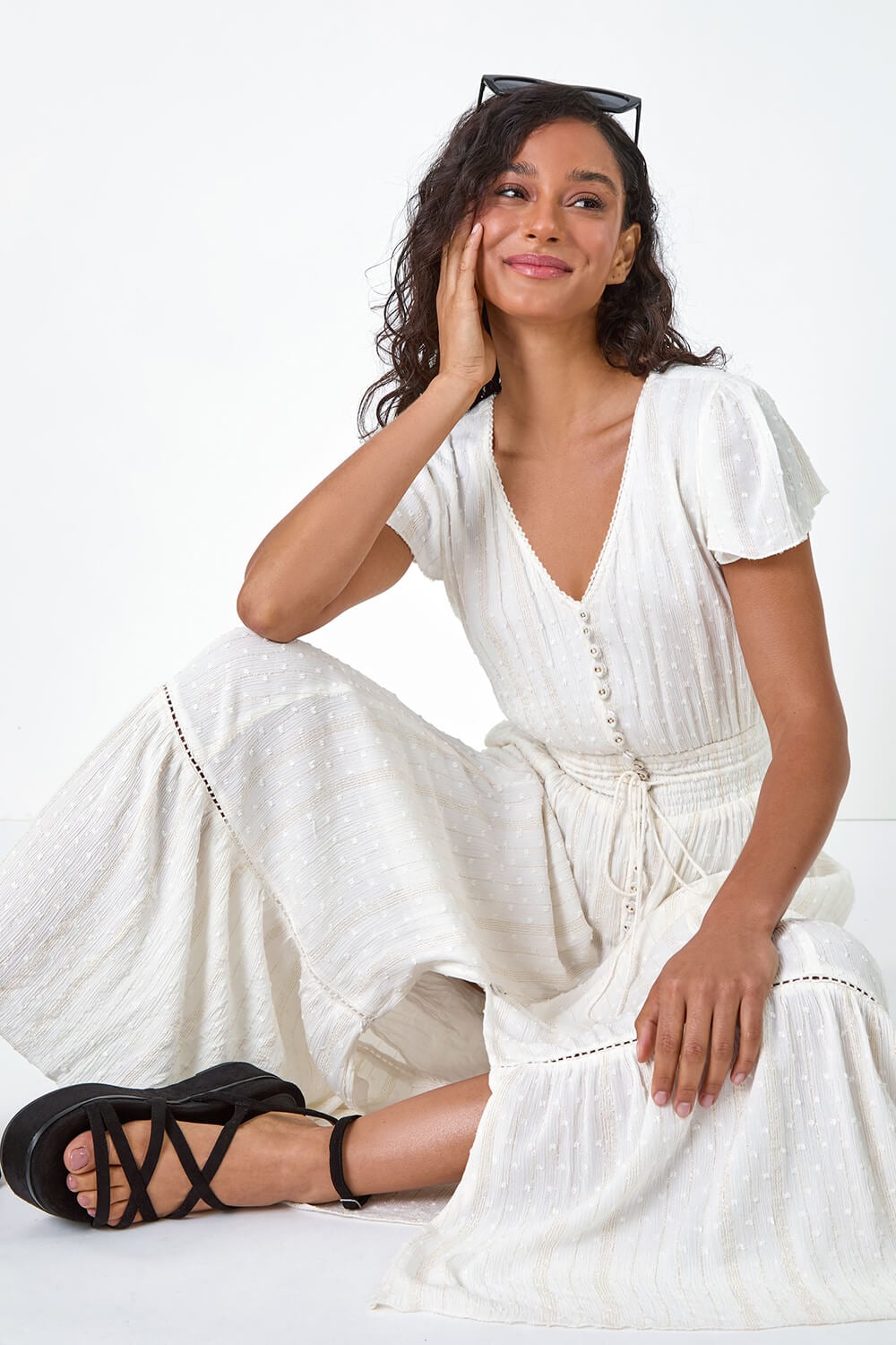 Ivory Button Front Shimmer Stripe Maxi Dress | Roman UK