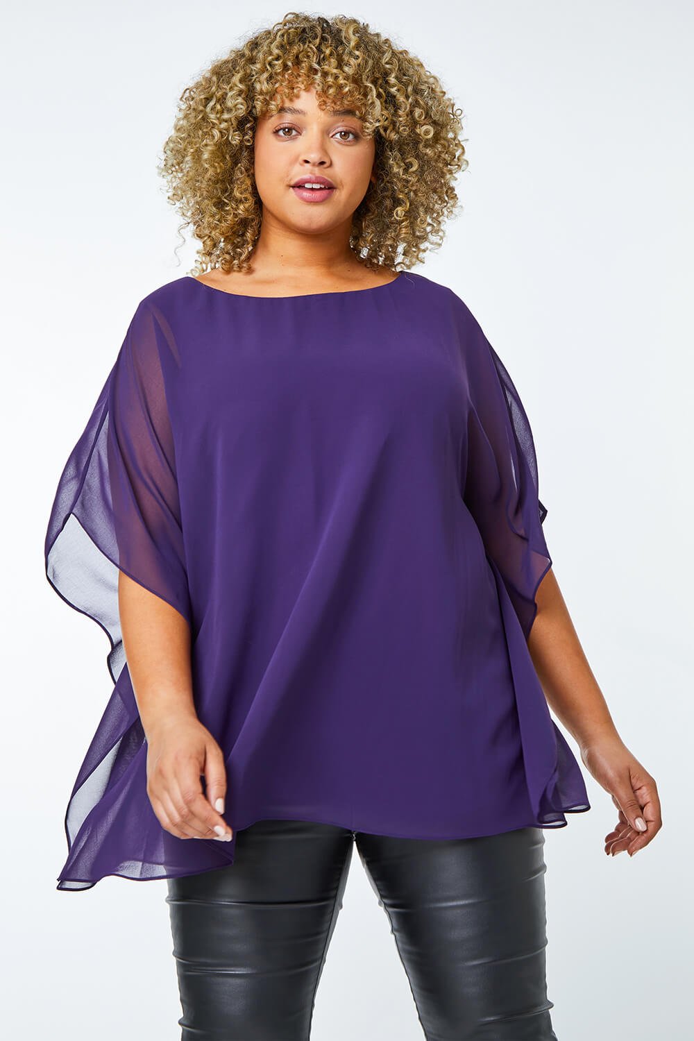 Curve Chiffon Overlay Top in Plum - Roman Originals UK