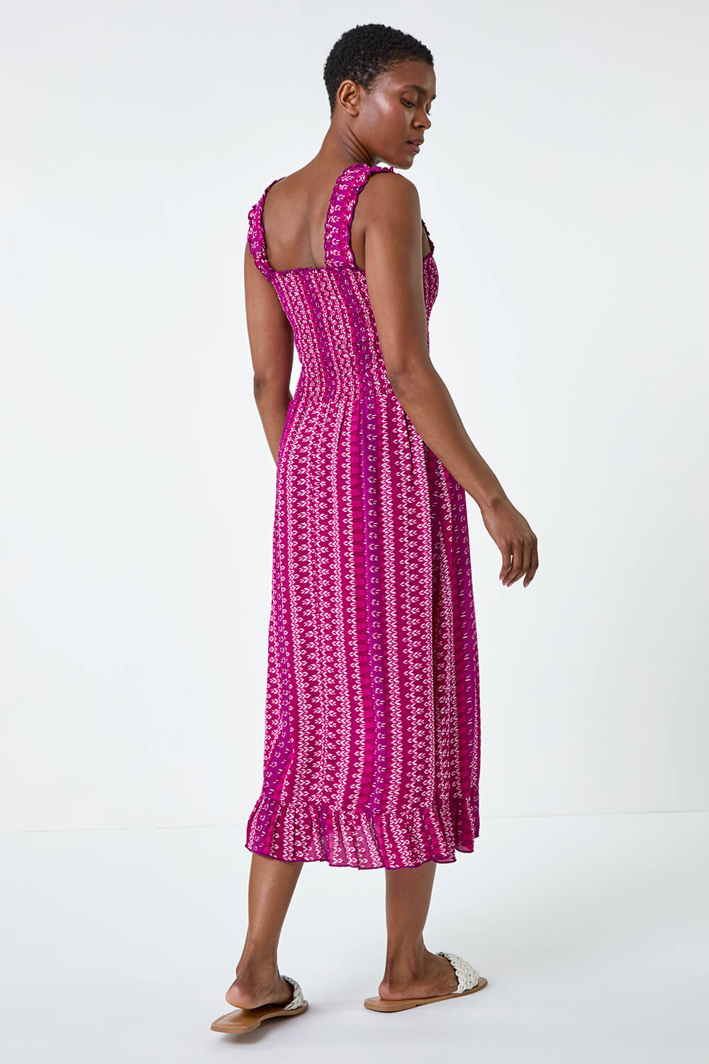 Magenta Abstract Stripe Shirred Bodice Midi Dress | Roman UK