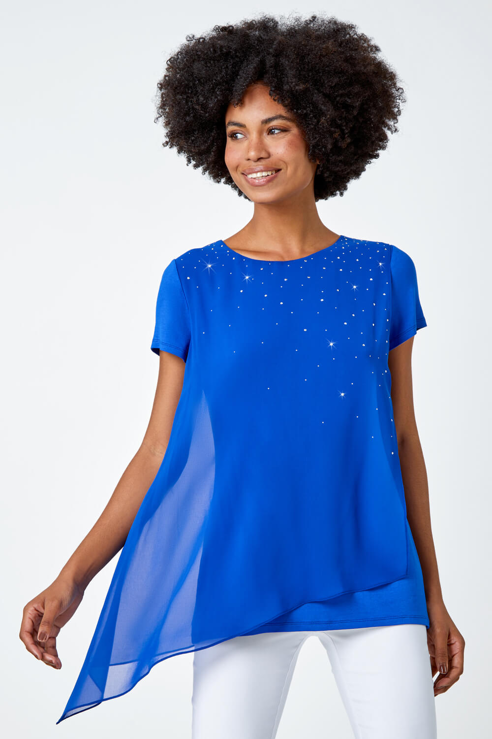 Diamante Embellished Overlay Top in Royal Blue - Roman Originals UK