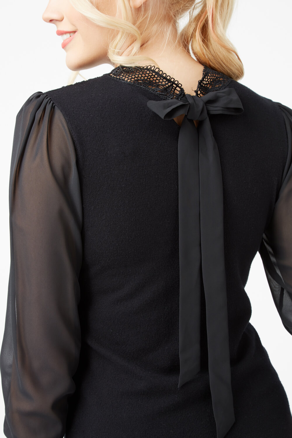 Lace Neck Bow Back Chiffon Sleeve Jumper