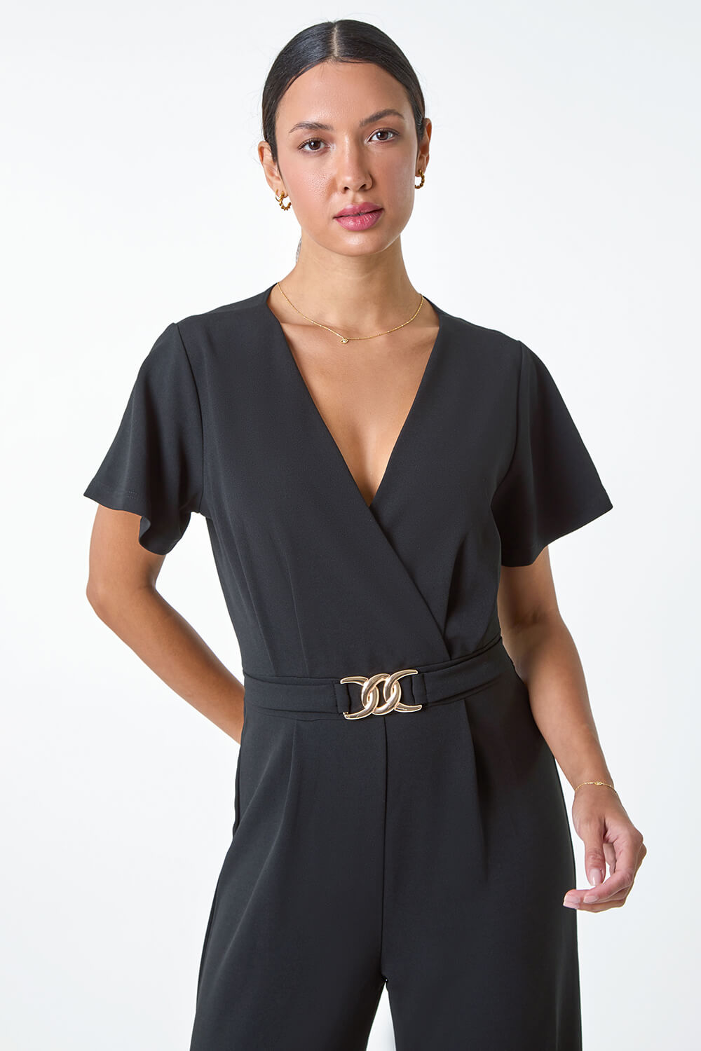 Black Wide Leg Metallic Buckle Stretch Jumpsuit | Roman UK