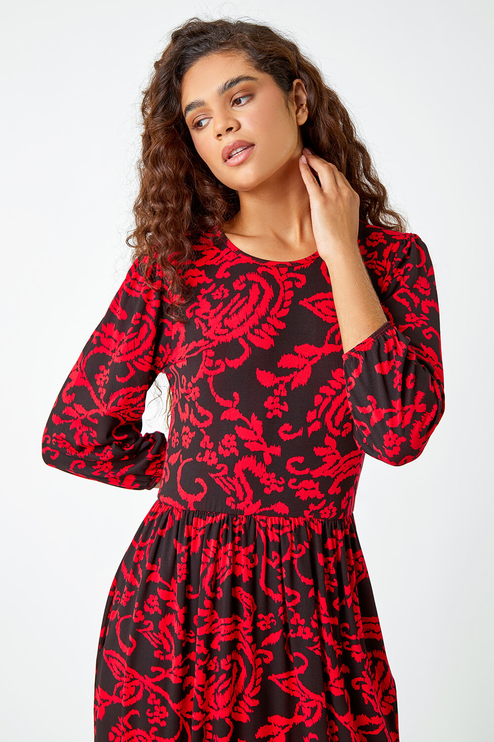 Red Paisley Print Pocket Midi Stretch Dress | Roman UK