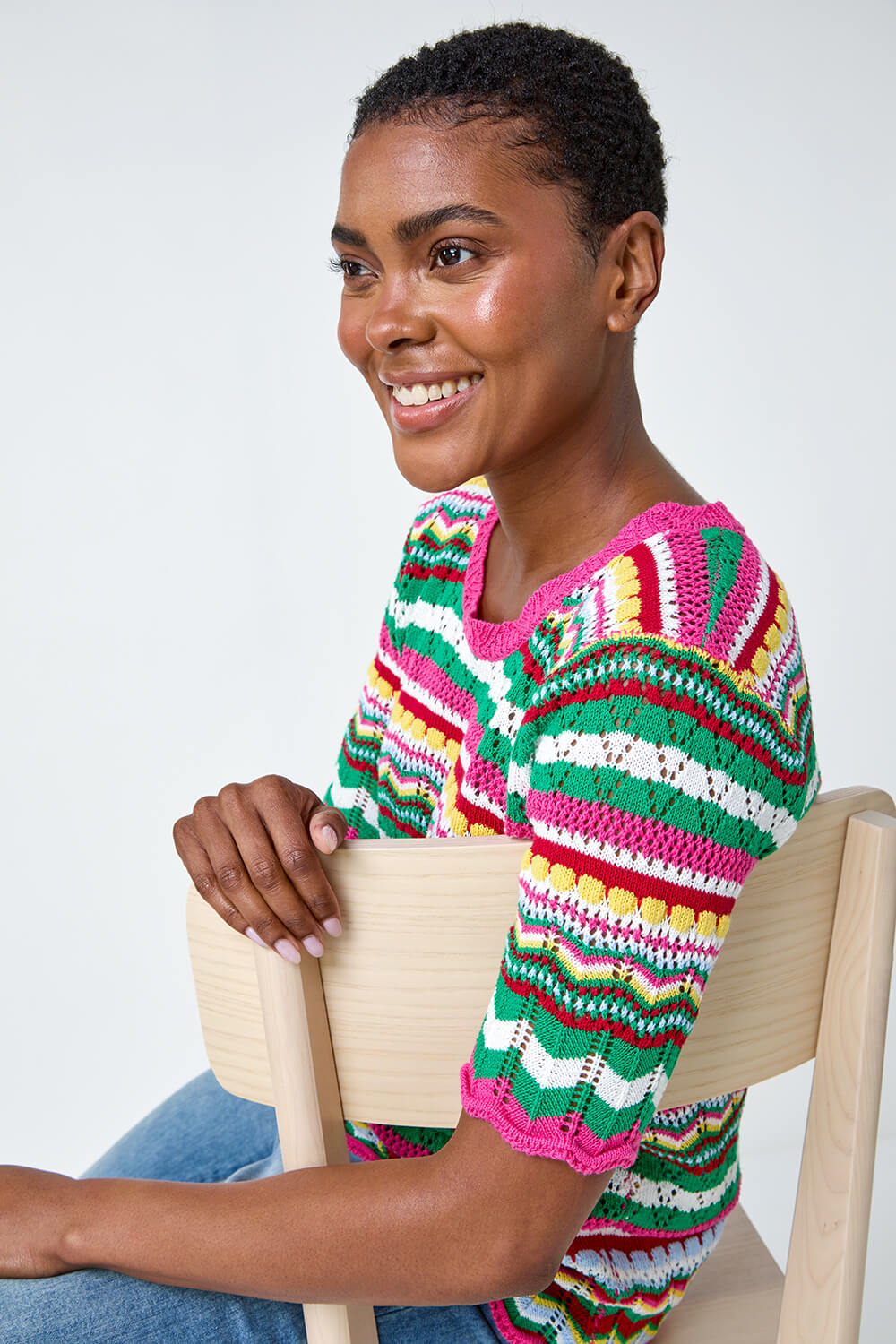 Pink Wave Print Knitted Cotton Top | Roman UK