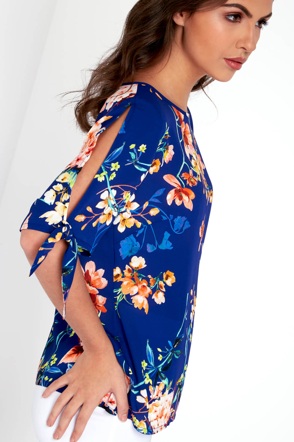 Floral Print Split Sleeve Top in Royal Blue - Roman Originals UK