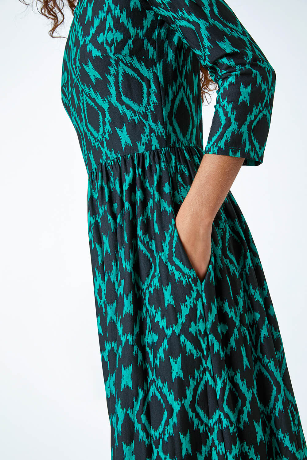 Green Aztec Border Print Midi Stretch Dress | Roman UK