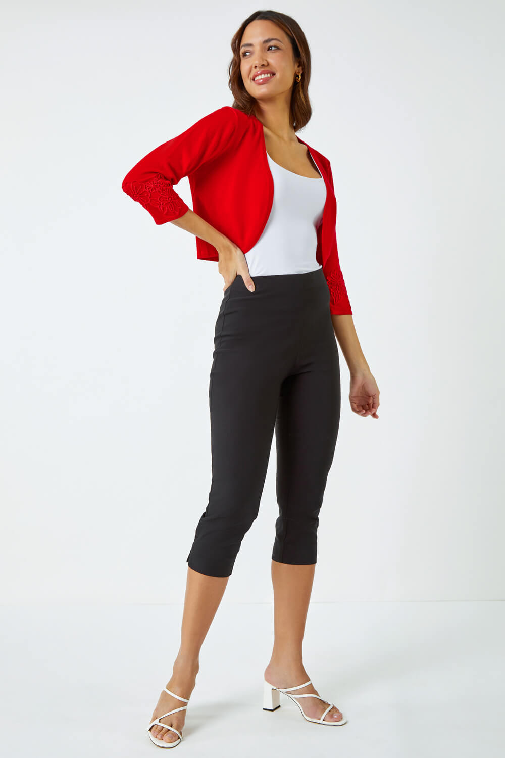 Red Floral Lace Trim Knitted Bolero | Roman UK