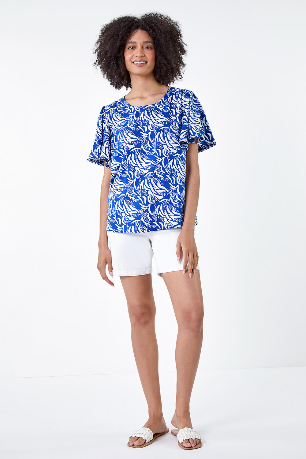 Blue Abstract Print Flared Sleeve Top | Roman UK