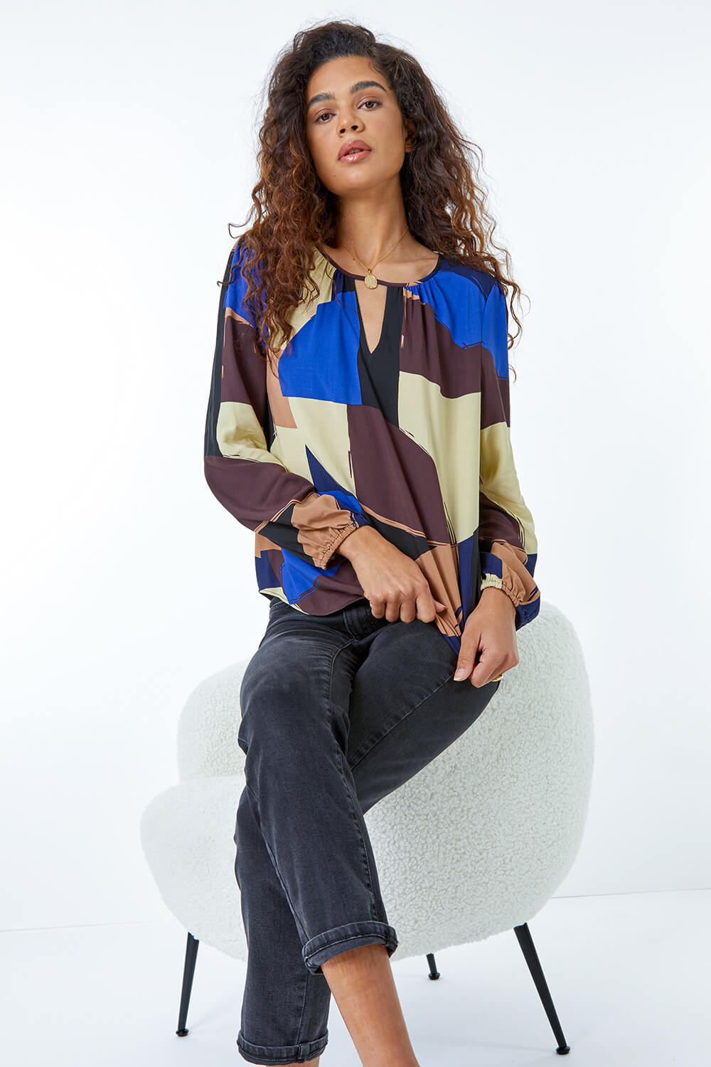 Keyhole Abstract Print Top in Camel - Roman Originals UK