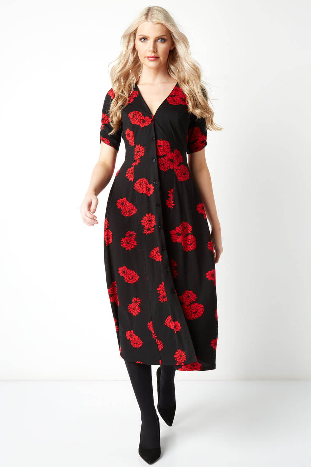Floral Midi Tea Dress in Red - Roman Originals UK