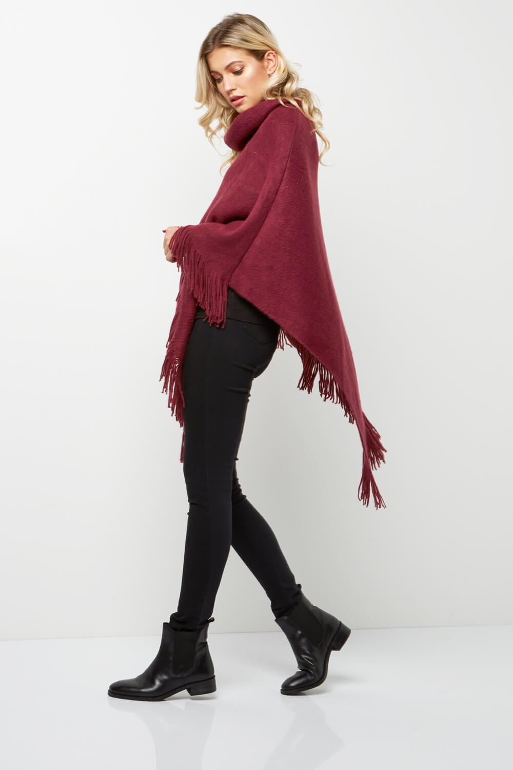 Roll Neck Poncho in Burgundy - Roman Originals UK