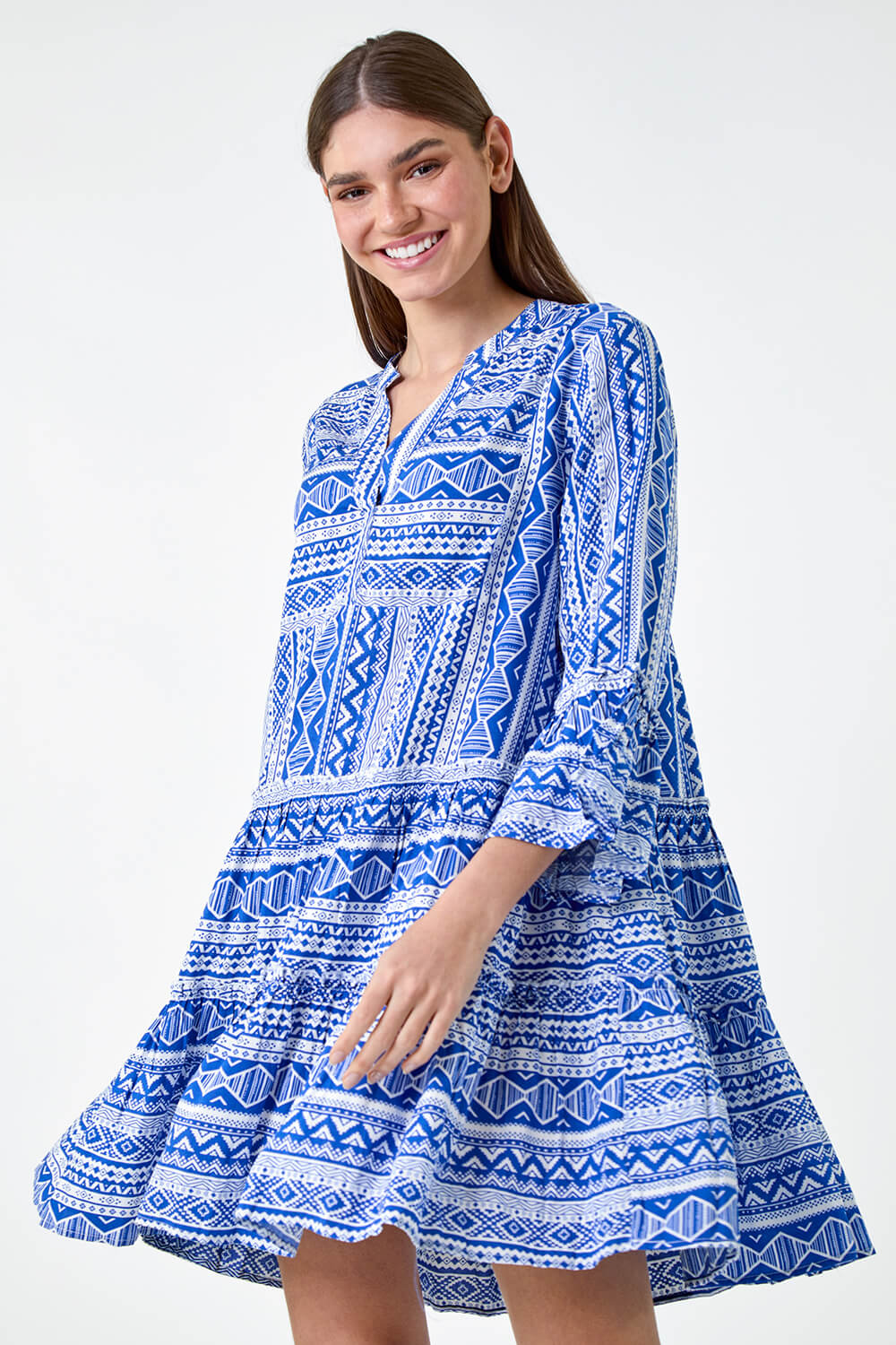 Royal Blue Aztec Print Frill Smock Dress | Roman UK