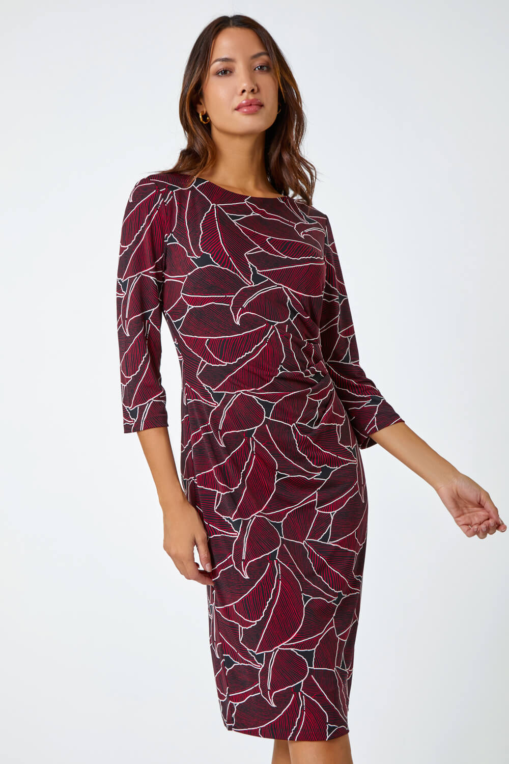Red Leaf Print Side Pleat Stretch Dress | Roman UK