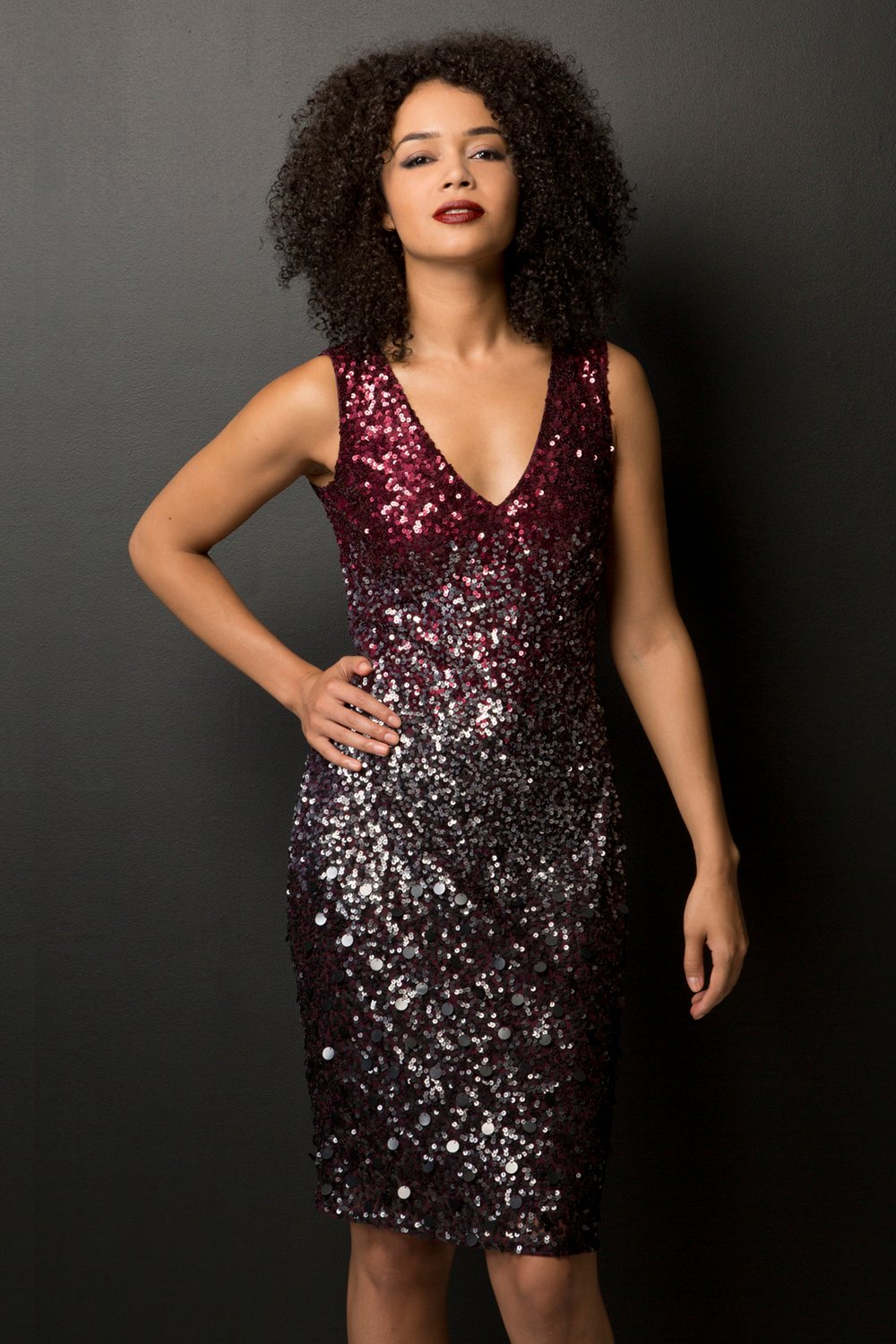 Ombre Sequin Dress in Port - Roman Originals UK