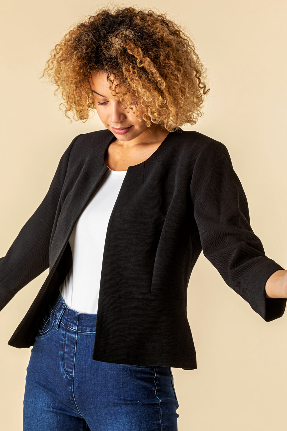 Textured Cropped Jacket in Black - Roman Originals UK