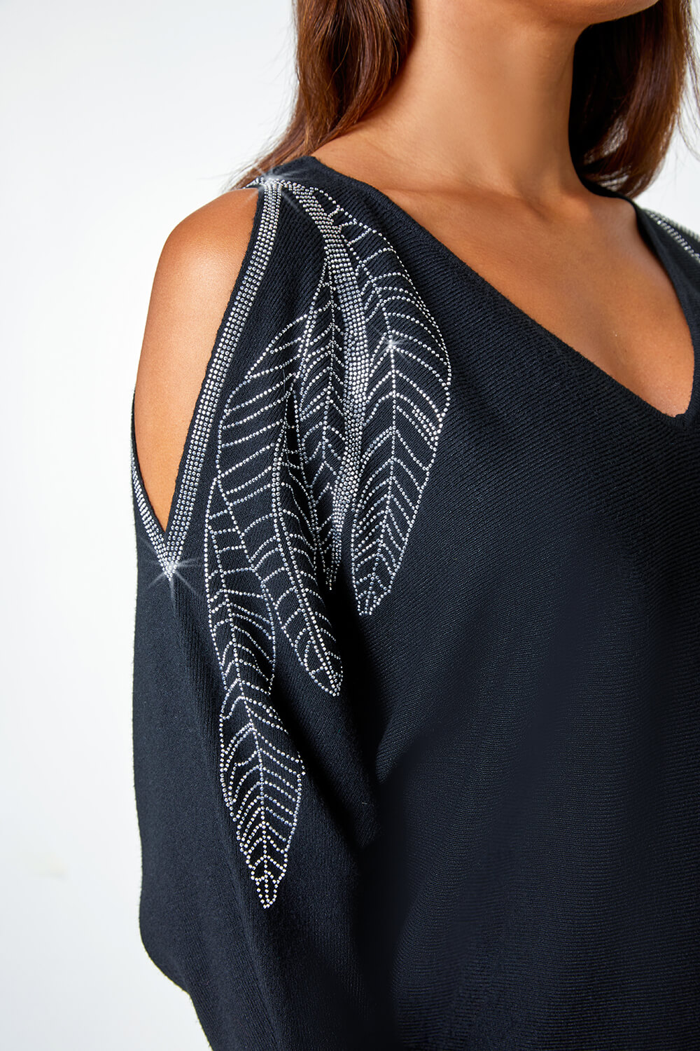 Black Embellished Leaf Print Cold Shoulder Jumper | Roman UK