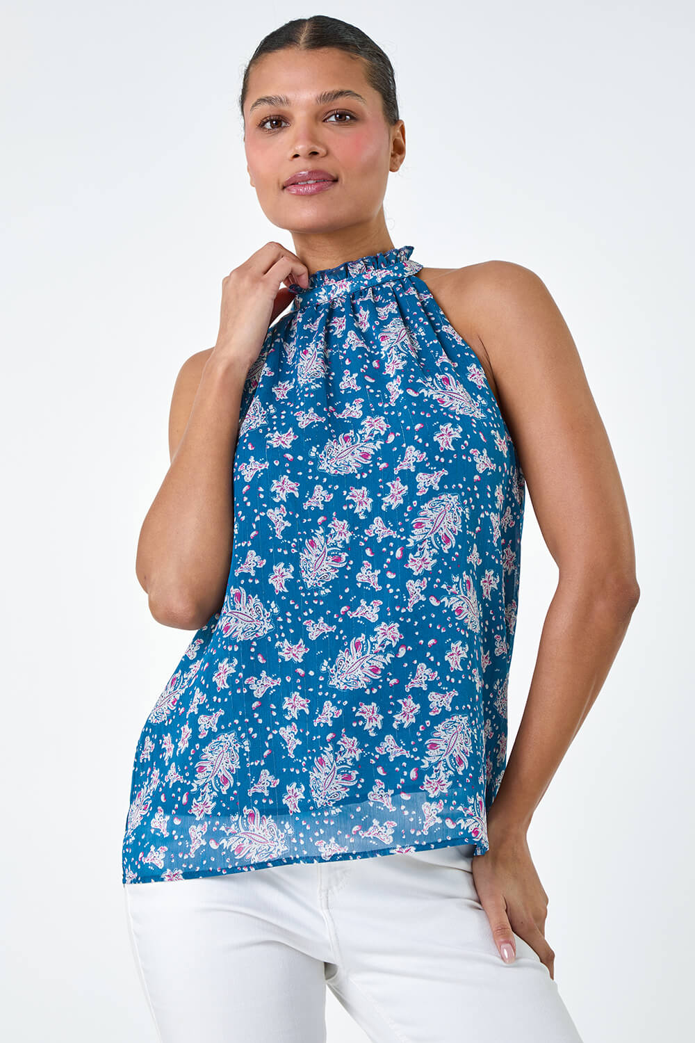 Blue Floral Print Halter Neck Frill Top | Roman UK