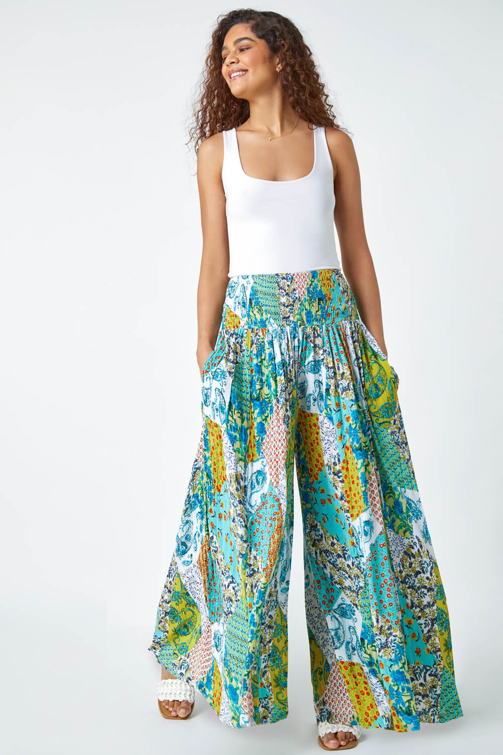 Aqua Paisley Elasticated Stretch Palazzo Trousers | Roman UK