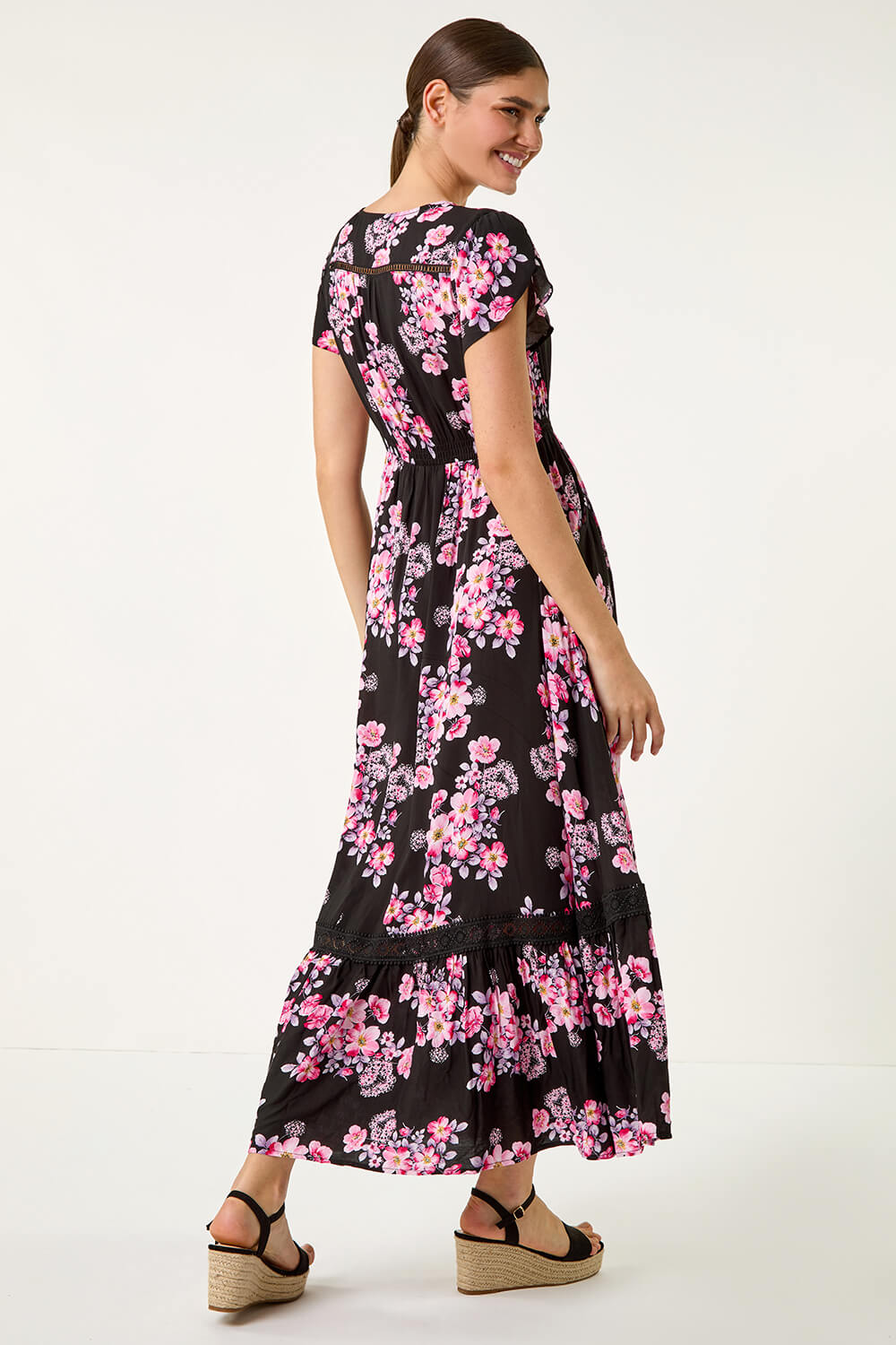 Pink Floral Print Shirred Waist Maxi Dress Roman Uk