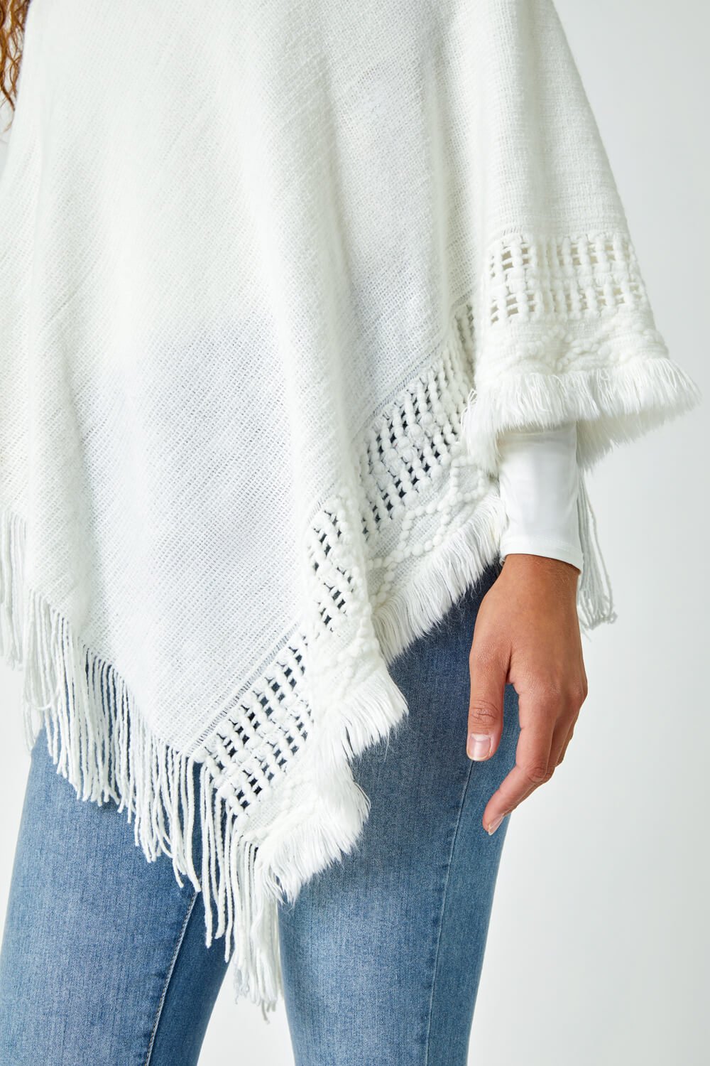 Ivory Hooded Fringed Knitted Poncho | Roman UK