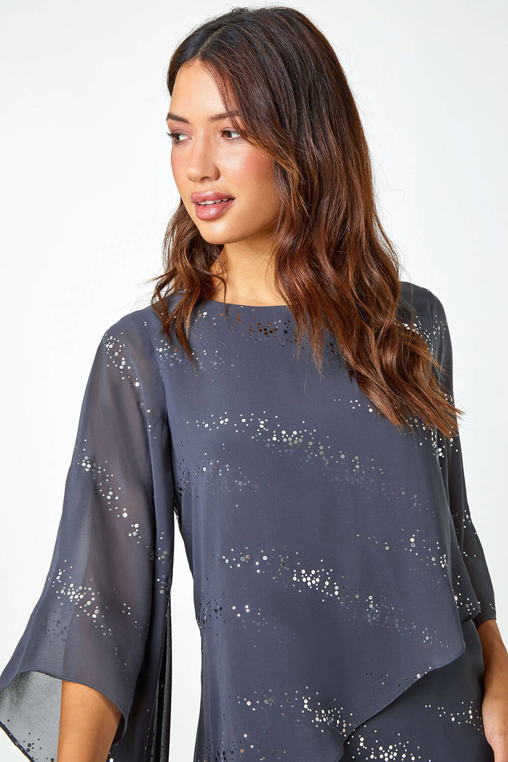 Grey Sequin Embellished Asymmetric Overlay Dress | Roman UK
