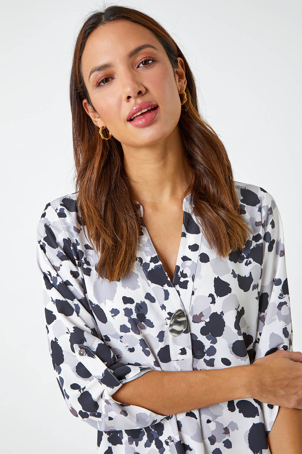 Abstract Print Longline Tunic Top in Grey - Roman Originals UK