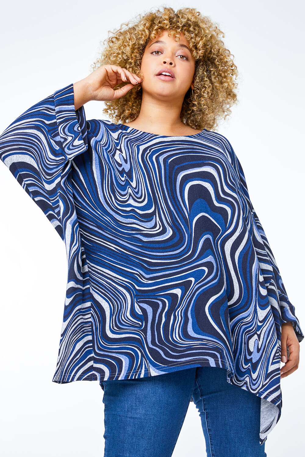 Curve Swirl Print Batwing Top in Blue - Roman Originals UK