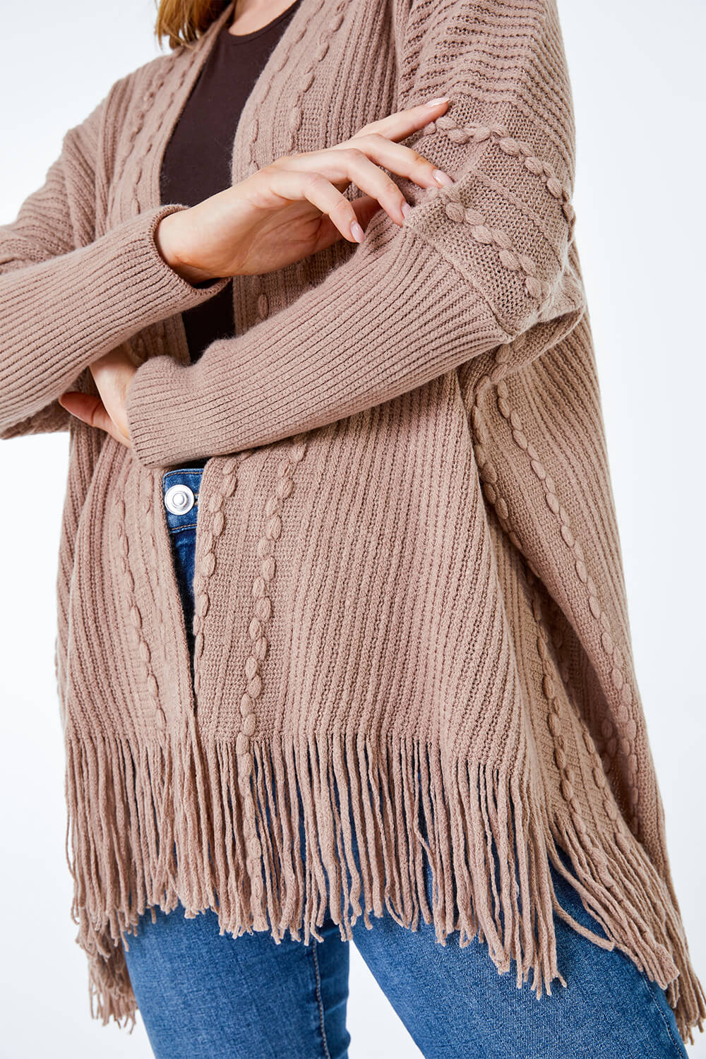 Textured Fringed Cardigan in Mocha - Roman Originals UK