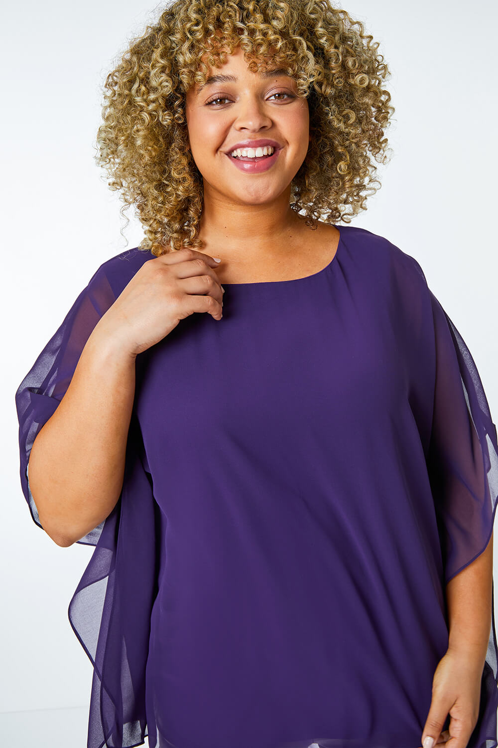 Curve Chiffon Overlay Top in Plum - Roman Originals UK