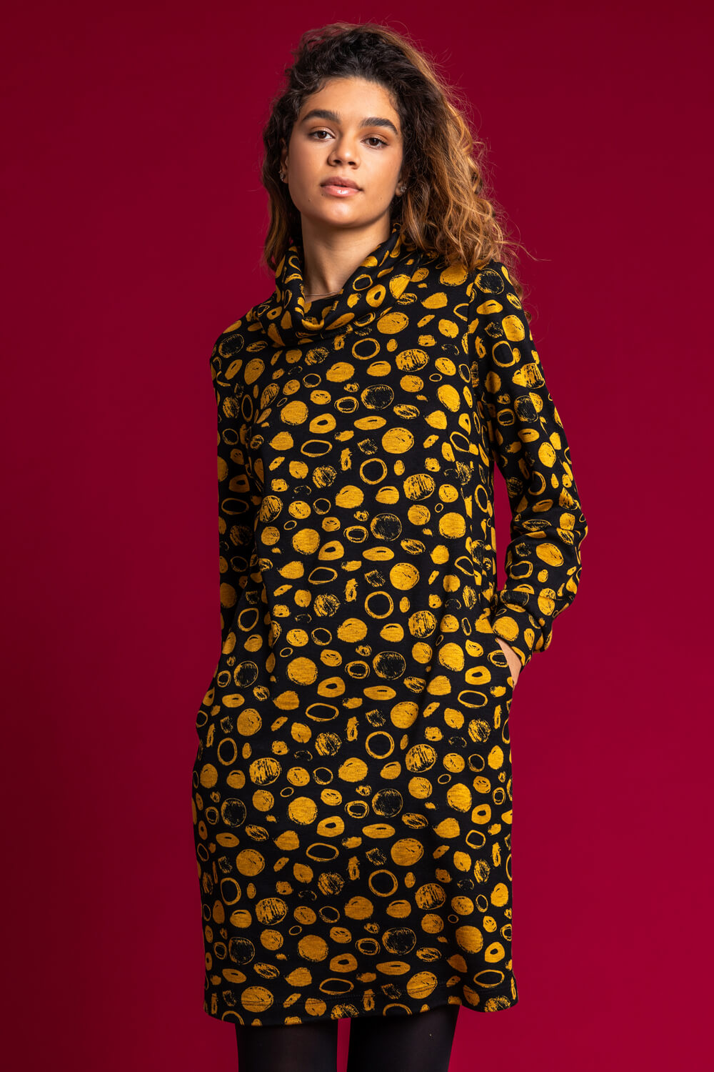 Cowl Neck Spot Dress in Amber - Roman Originals UK