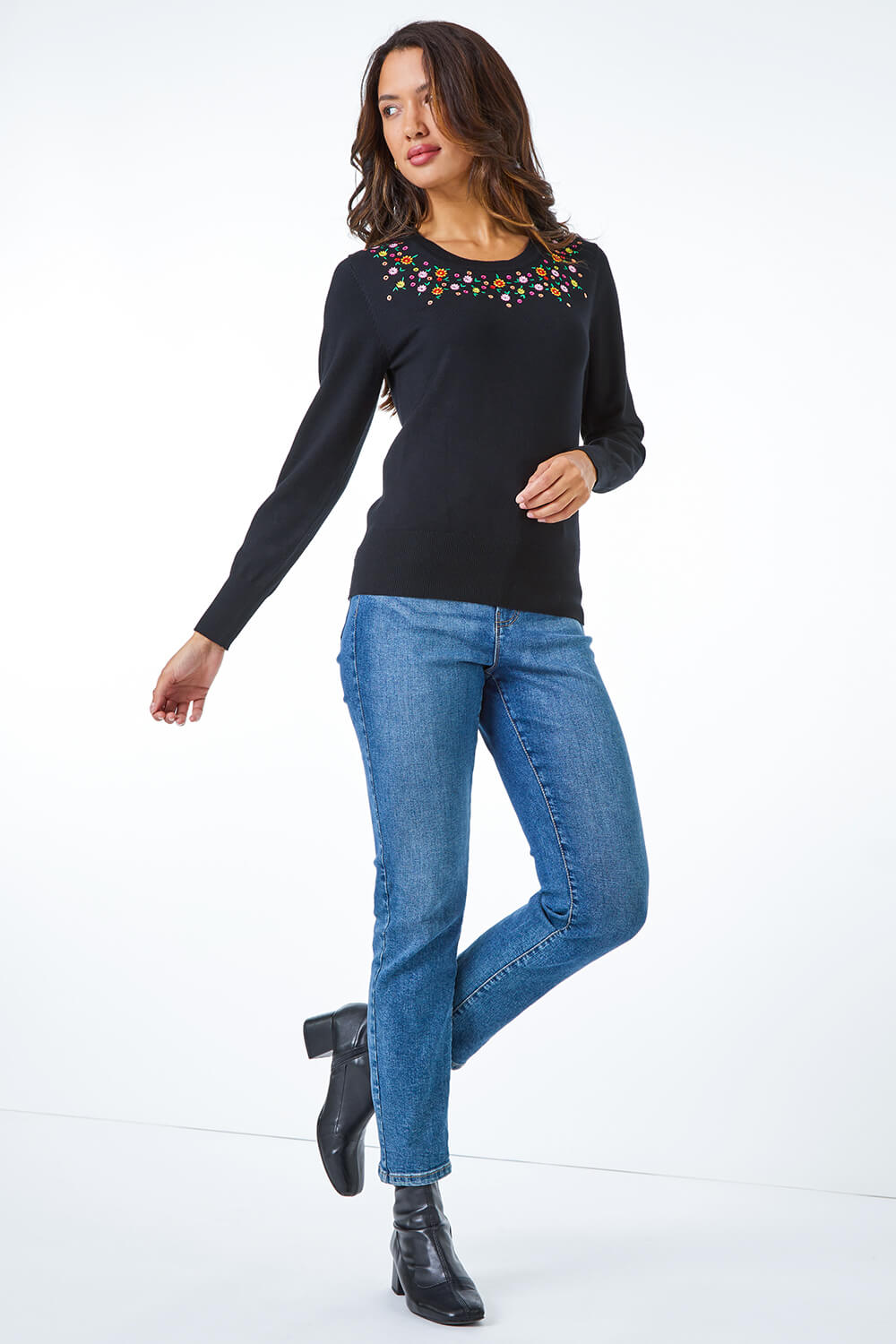 Floral Embroidered Neck Jumper in Black - Roman Originals UK