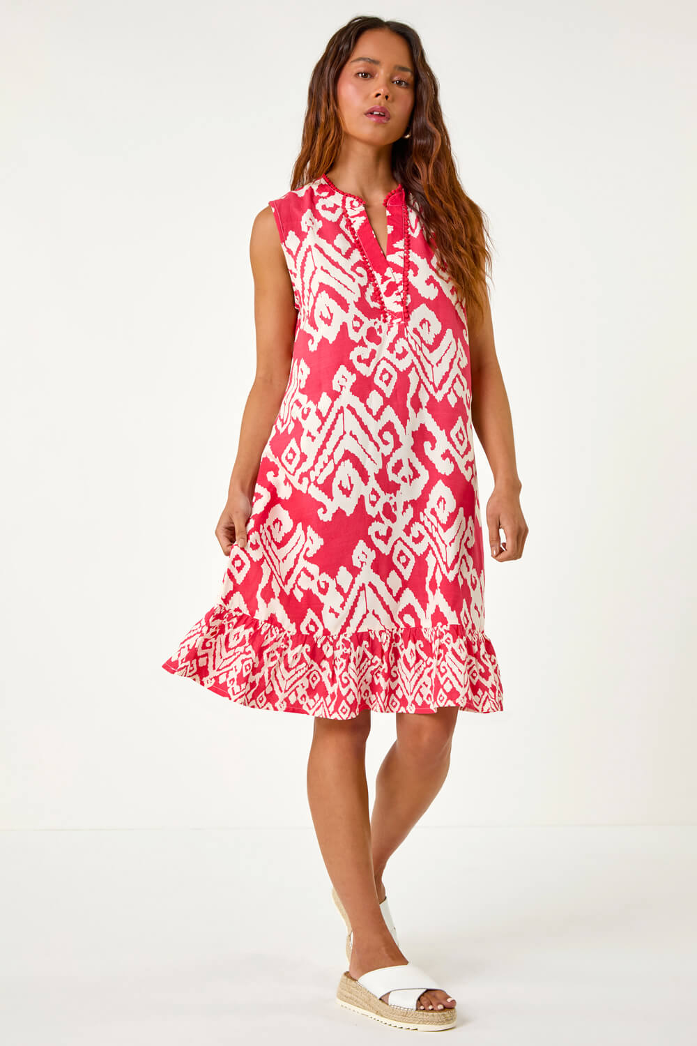 Coral Petite Aztec Print Frill Hem Dress | Roman UK