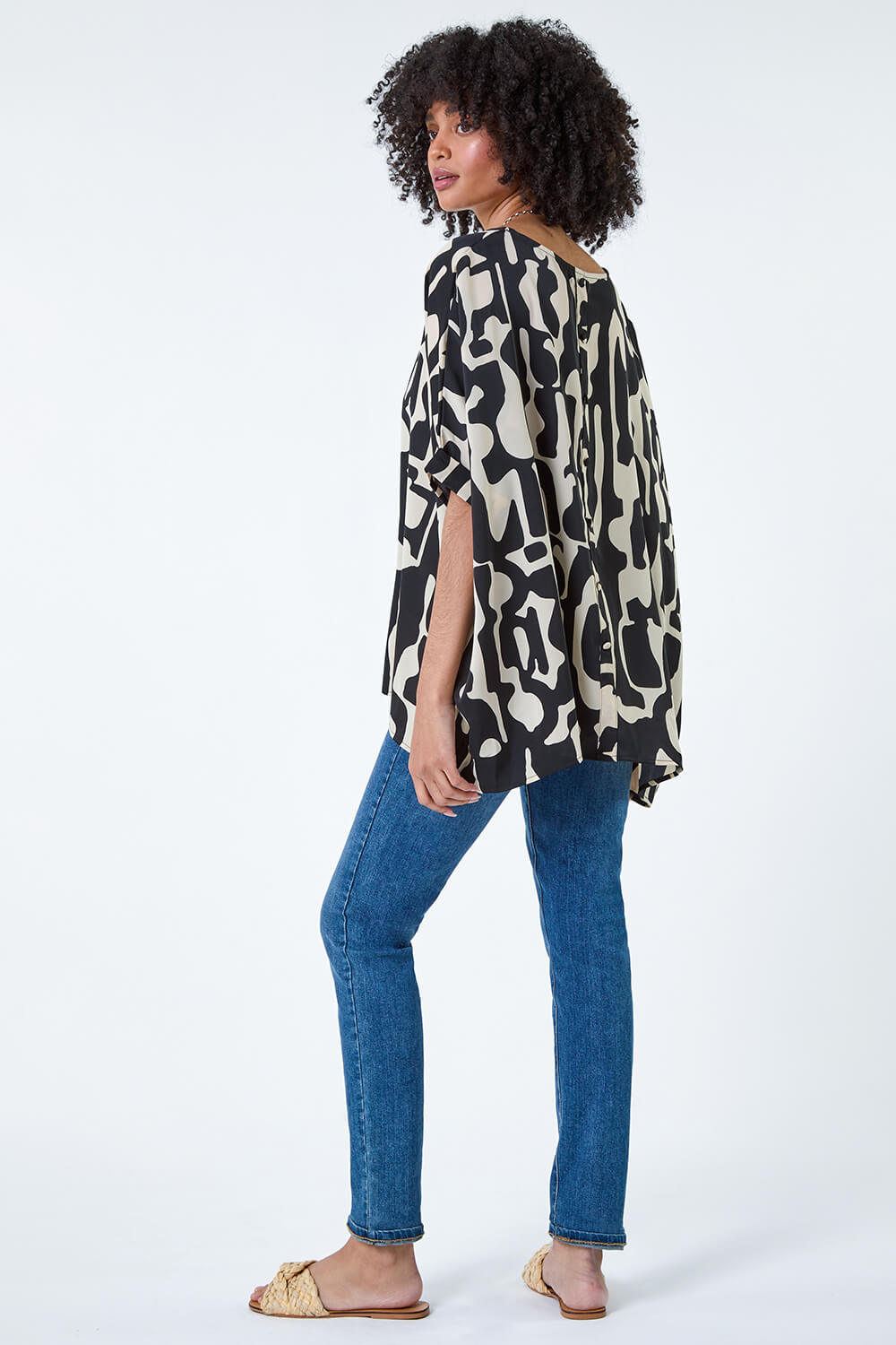 Black Abstract Animal Button Back Top | Roman UK