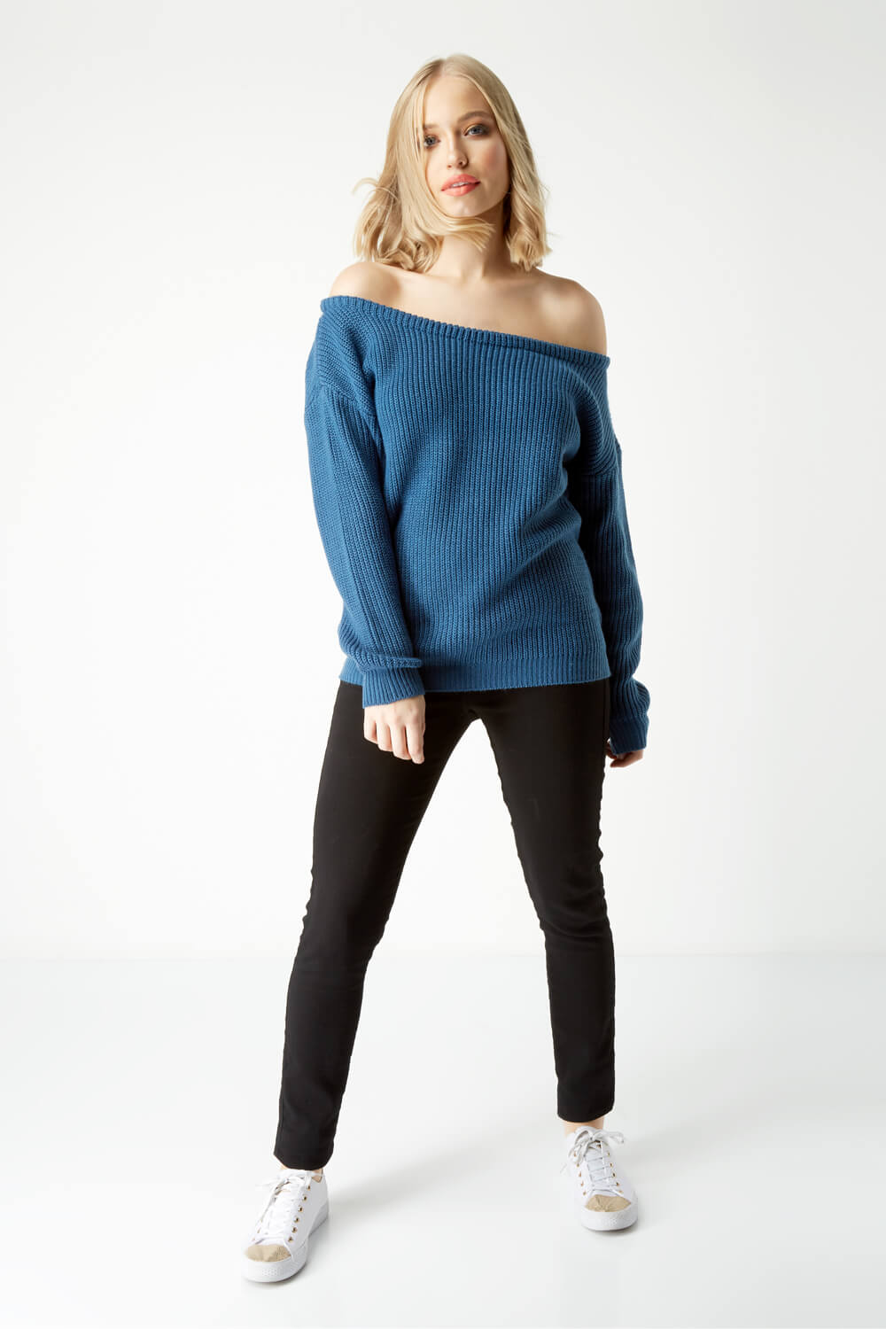 Slouch Bardot Ribbed Knit Jumper in Denim - Roman Originals UK