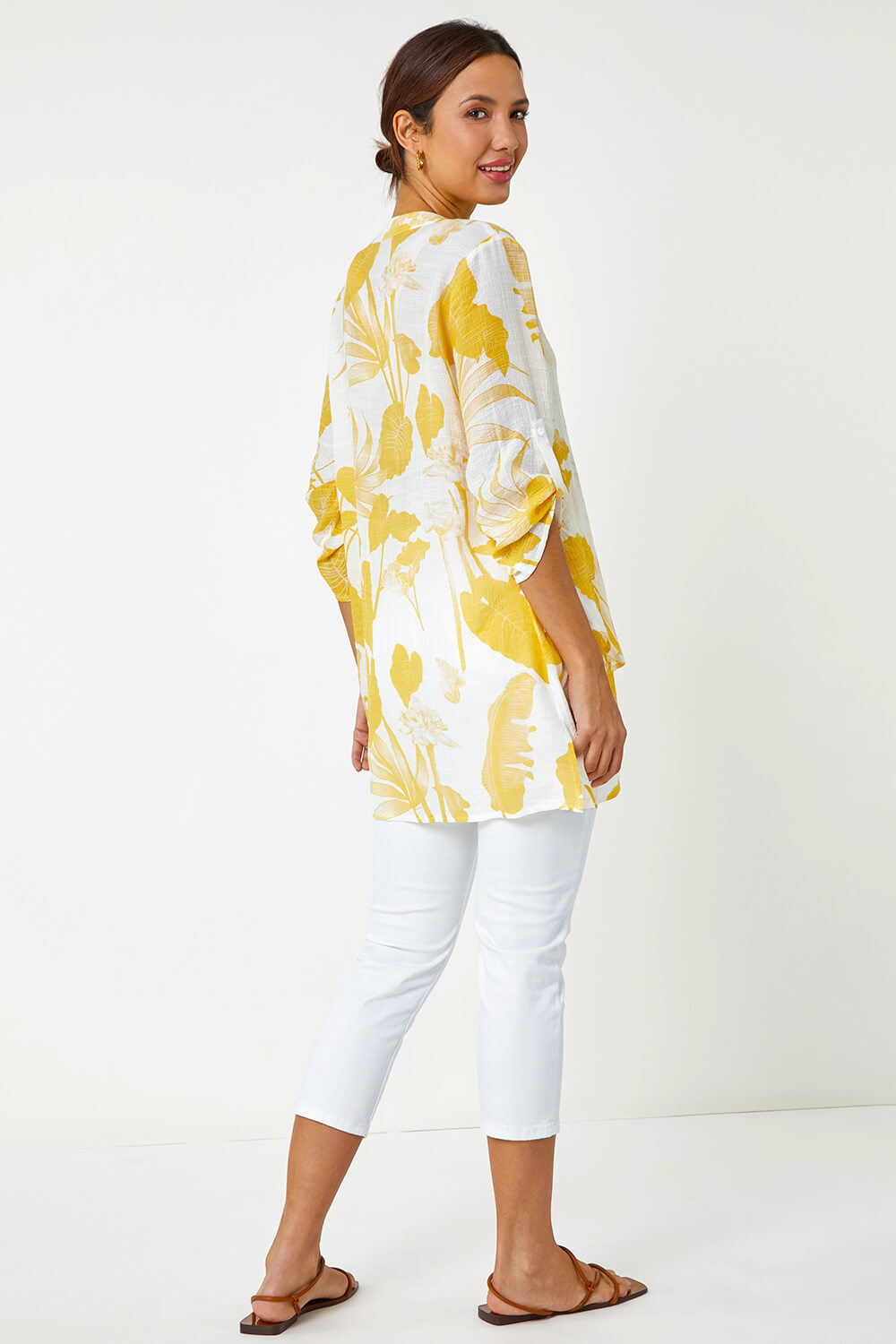 Palm Print Wrap Hem Tunic Top in Yellow - Roman Originals UK