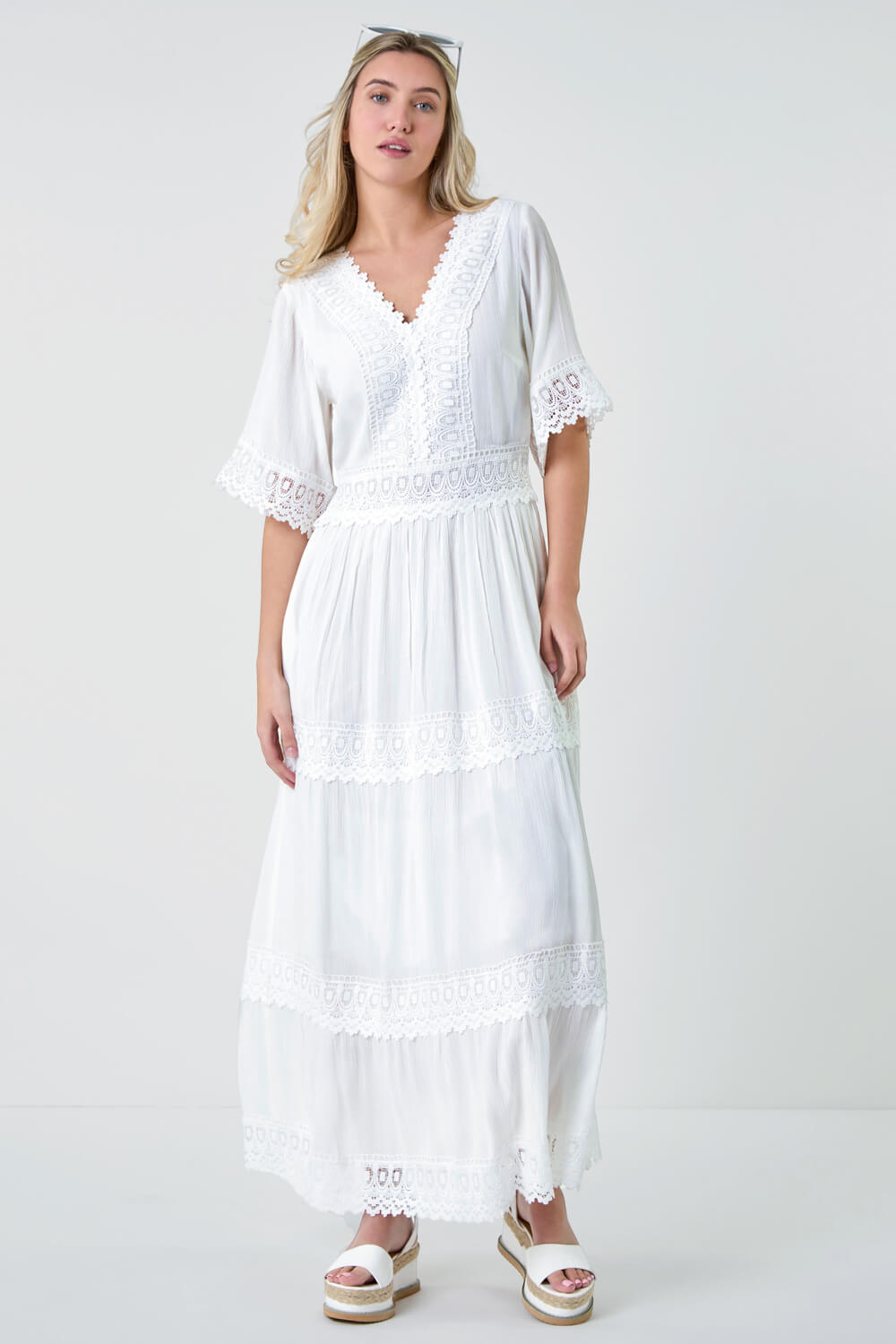 Ivory Tiered Lace Detail Maxi Dress | Roman UK