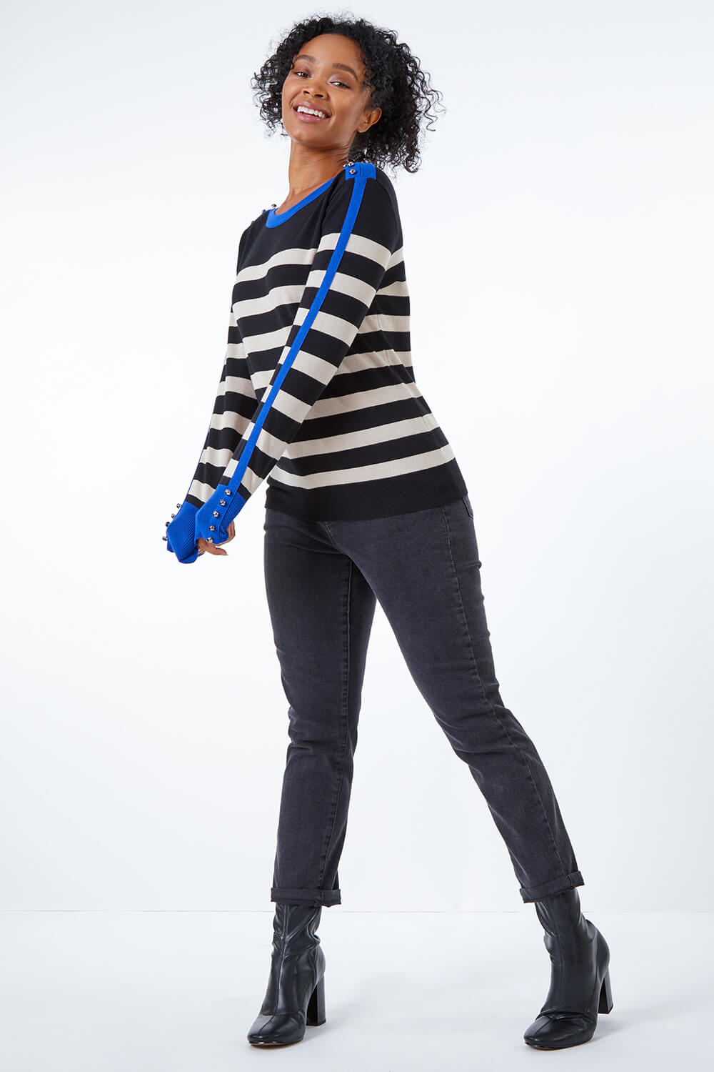 Petite Button Detail Striped Jumper in Royal Blue - Roman Originals UK