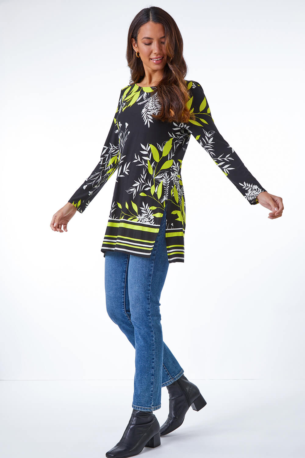 Leaf Border Print Stretch Tunic in Black - Roman Originals UK