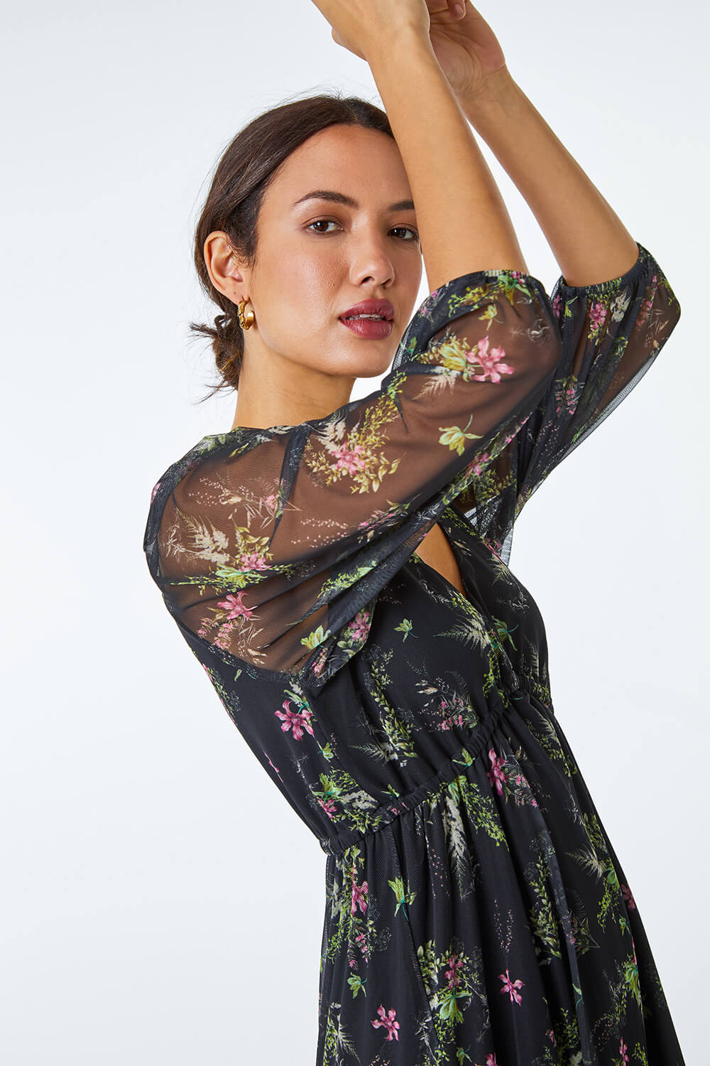 Green Floral Print Midi Stretch Dress Roman Uk