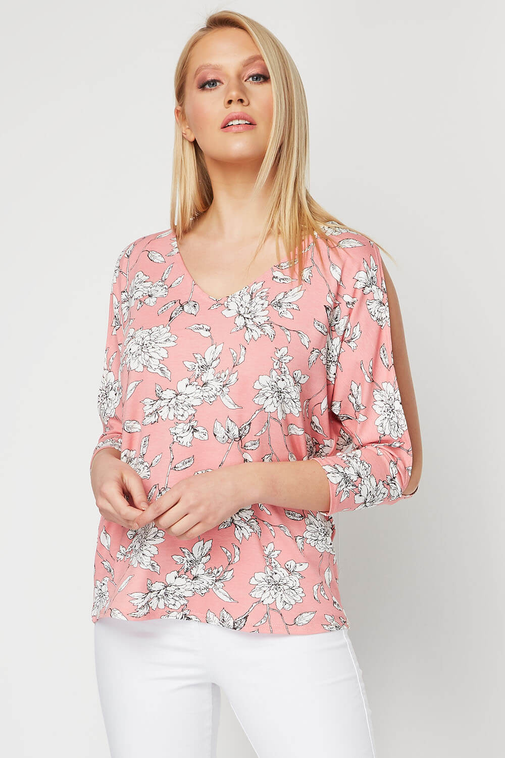 Floral Cold Shoulder Split Sleeve Top in Pink - Roman Originals UK